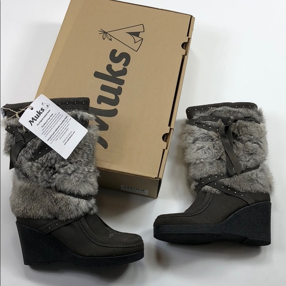 MUKS | Shoes | Muks Mukluks Grey Fur Wedge Boots | Poshmark